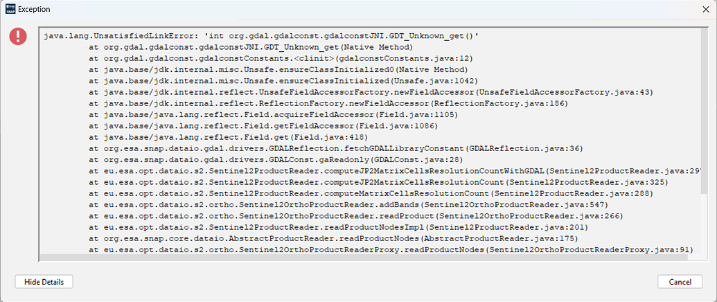 java.lang.UnsatisfiedLinkError: 'int org.gdal.gdalconst.gdalconstJNI.GDT_Unknown_get()' - snap ...